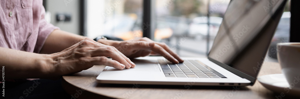 Woman working on laptop computer panoramic banner, female hands typing ...