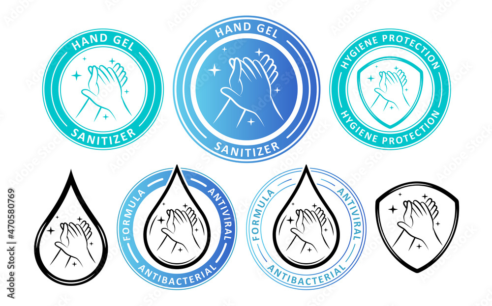 Hand sanitizer label with shield and water drop logo. Antiseptic ...