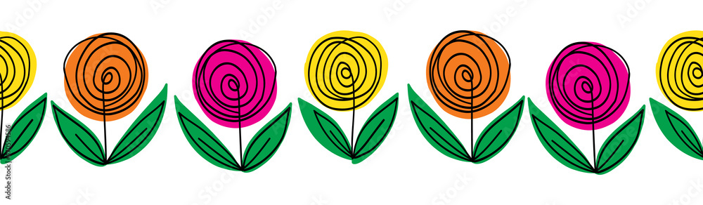 Doodle flowers seamless border. Modern line art pattern decorative ...