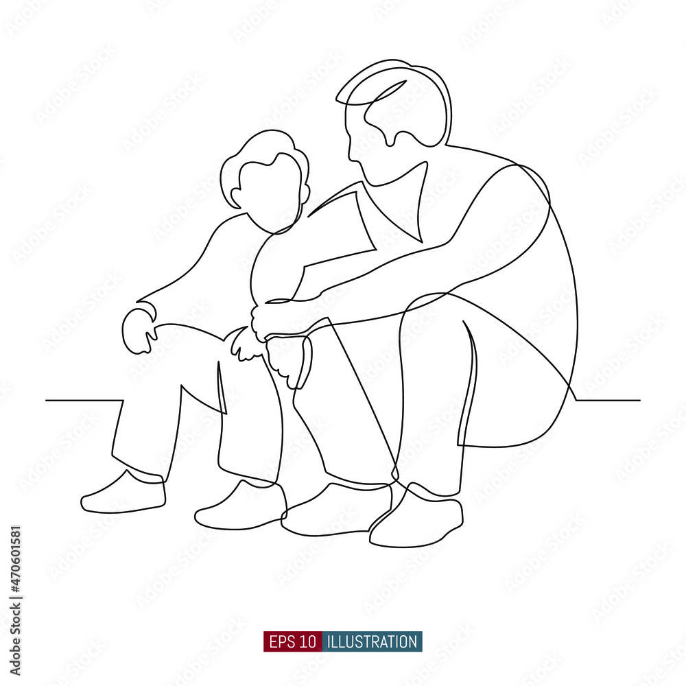 Continuous line drawing of father and son sit and talk. Template for ...
