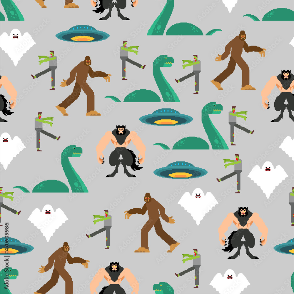 Paranormal pixel art pattern seamless. Werewolf and zombies 8 bit ...