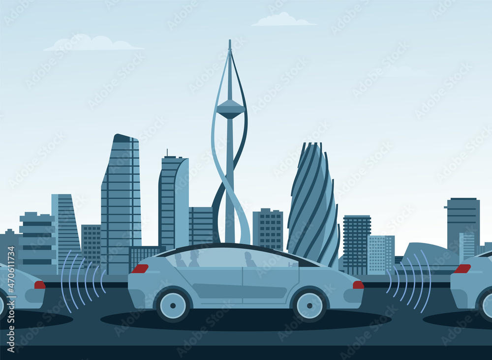 Autonomous driverless car vector illustration. Self drive smart sensor safety automated vehicle ...