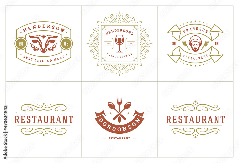Restaurant logos templates set vector illustration good for menu labels ...