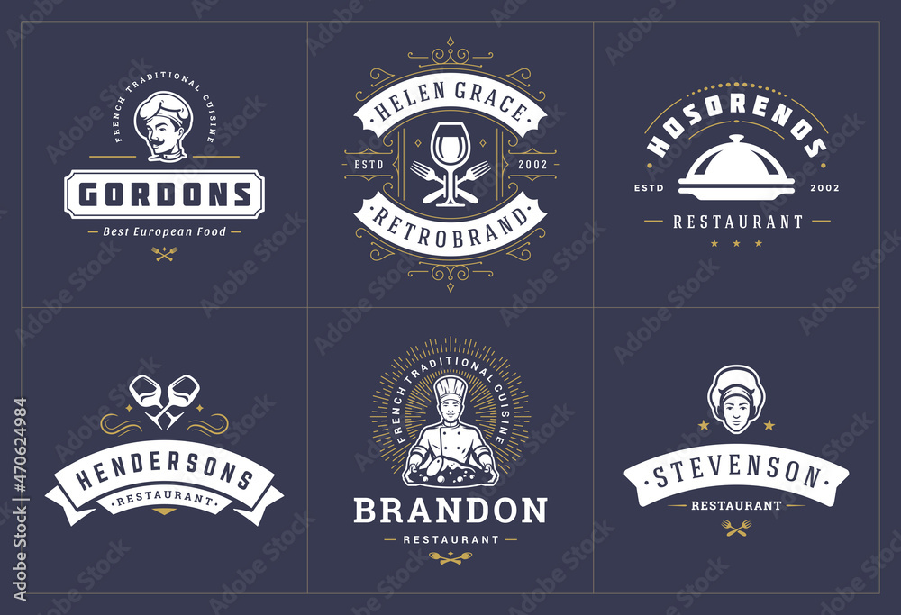 Restaurant logos templates set vector illustration good for menu labels ...