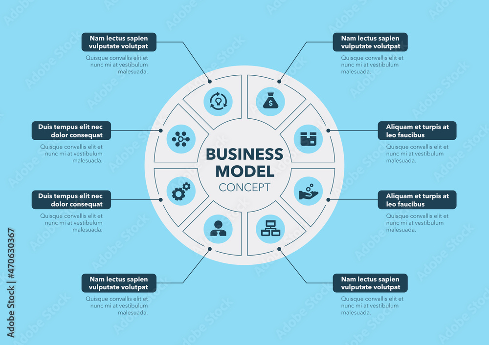 Modern concept for business model diagram with eight steps and place ...