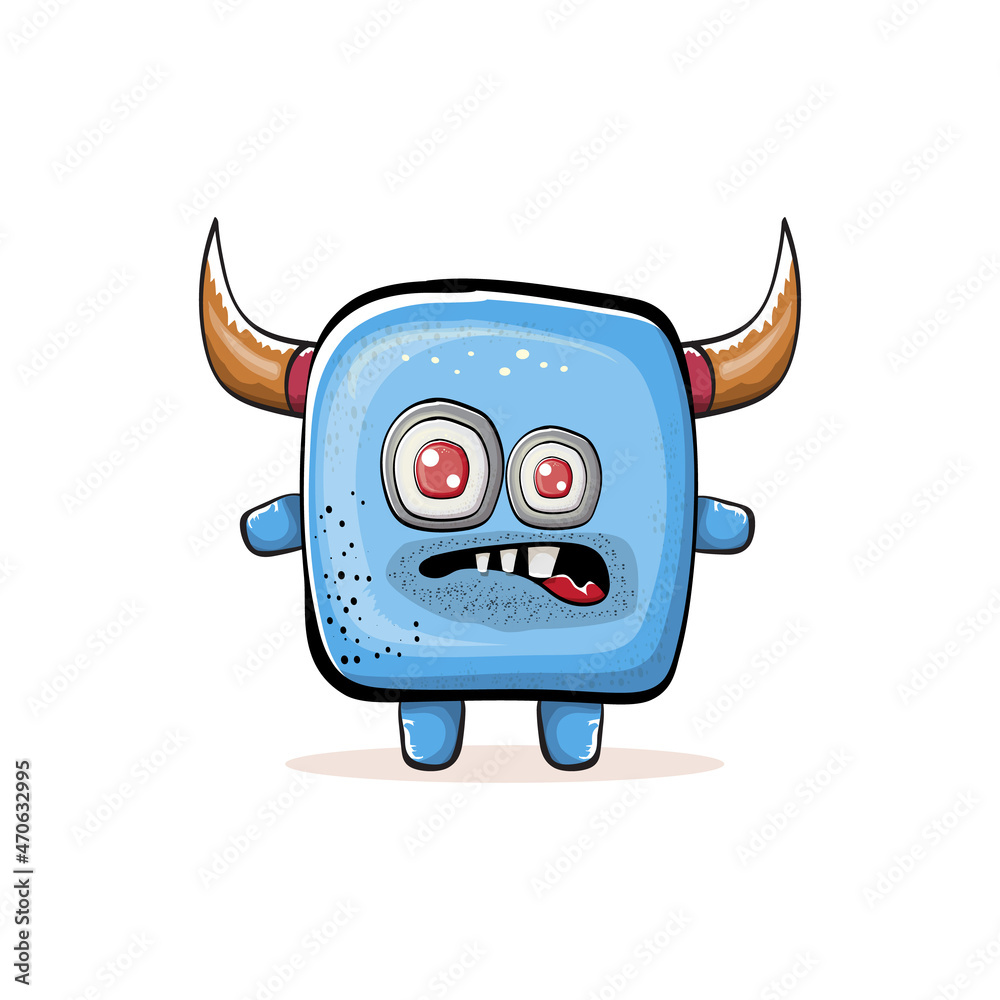 Vector cartoon funny blue monster with horn isolated on white ...
