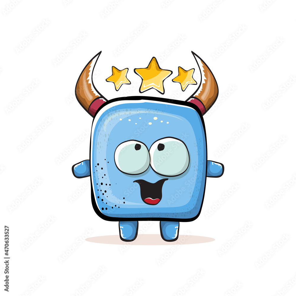Vector cartoon funny blue monster with horn isolated on white ...