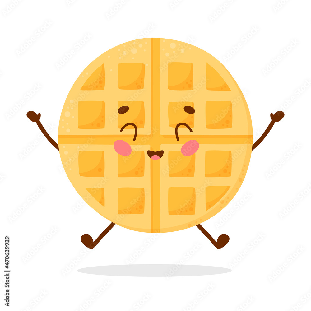 Cute cartoon character waffle jumps for joy. Vector illustration ...