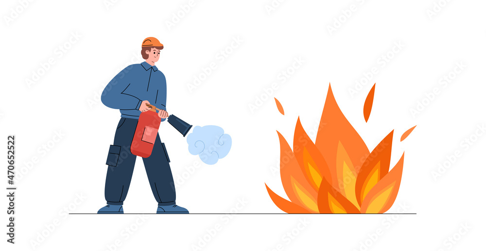 Firefighter spraying foam from fire extinguisher, vector illustration ...