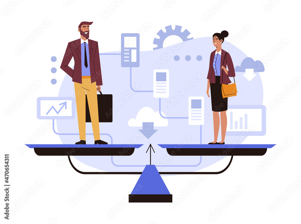 Man in business suit with briefcase and woman office employee balance ...