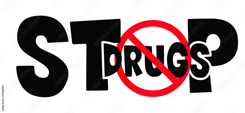 Stop drug addiction, no drugs. Concept for Red ribbon. Forbidding ...