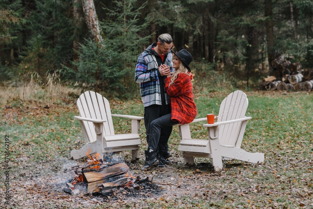 couple kissing. lovers tenderness steam white on path the forest ...