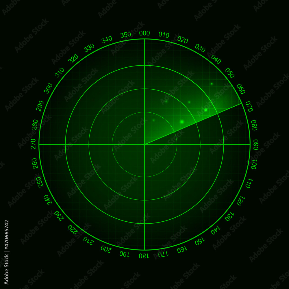 Vector radar screen. Military search system in action with targets ...
