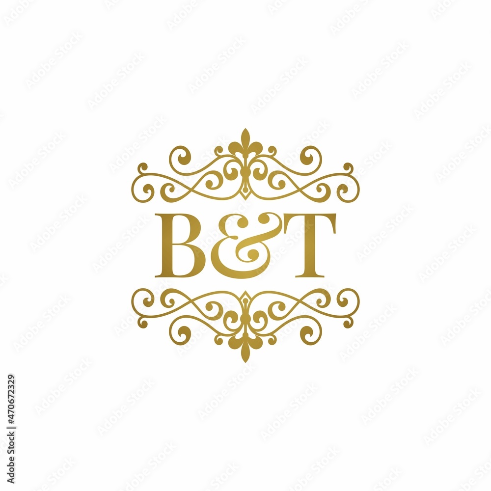 B&T initials logo ornament gold. Letter BT wedding ampersand or ...