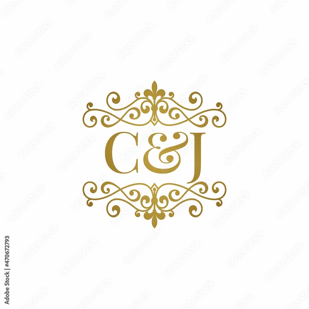 C&J initials logo ornament gold. Letter CJ wedding ampersand or ...