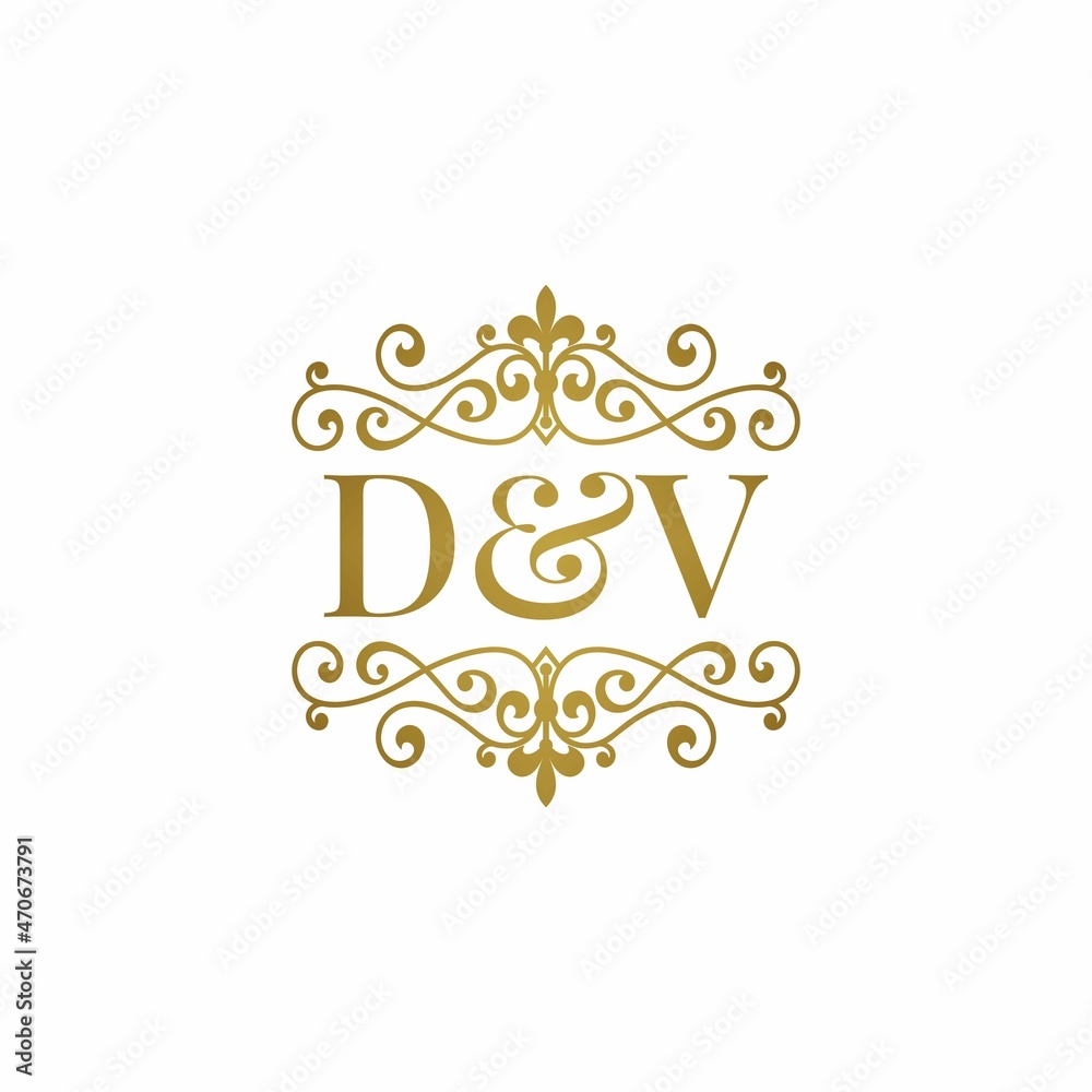 D&V initials logo ornament gold. Letter DV wedding ampersand or ...