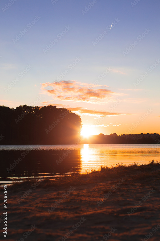 evening sunset lighting dramatic picturesque landscape with sand beach ...