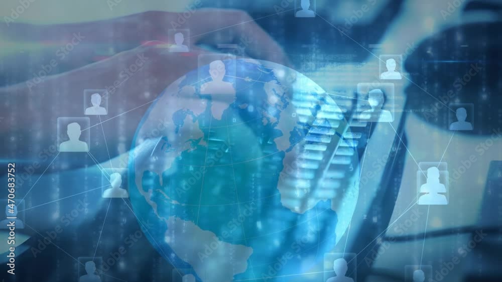 Animation of person typing on computer keyboard over globe, people ...