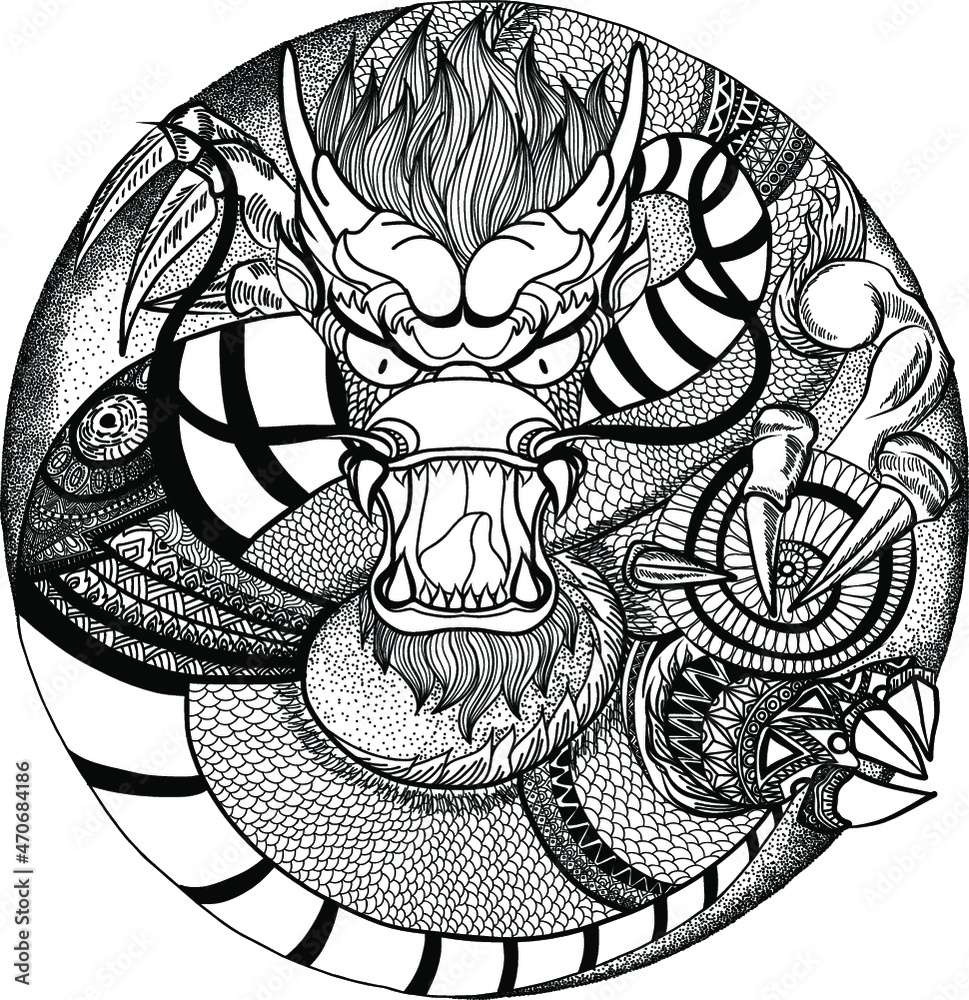 Dragon logo or dragon label vector style, hand drawn gold dragon in ...