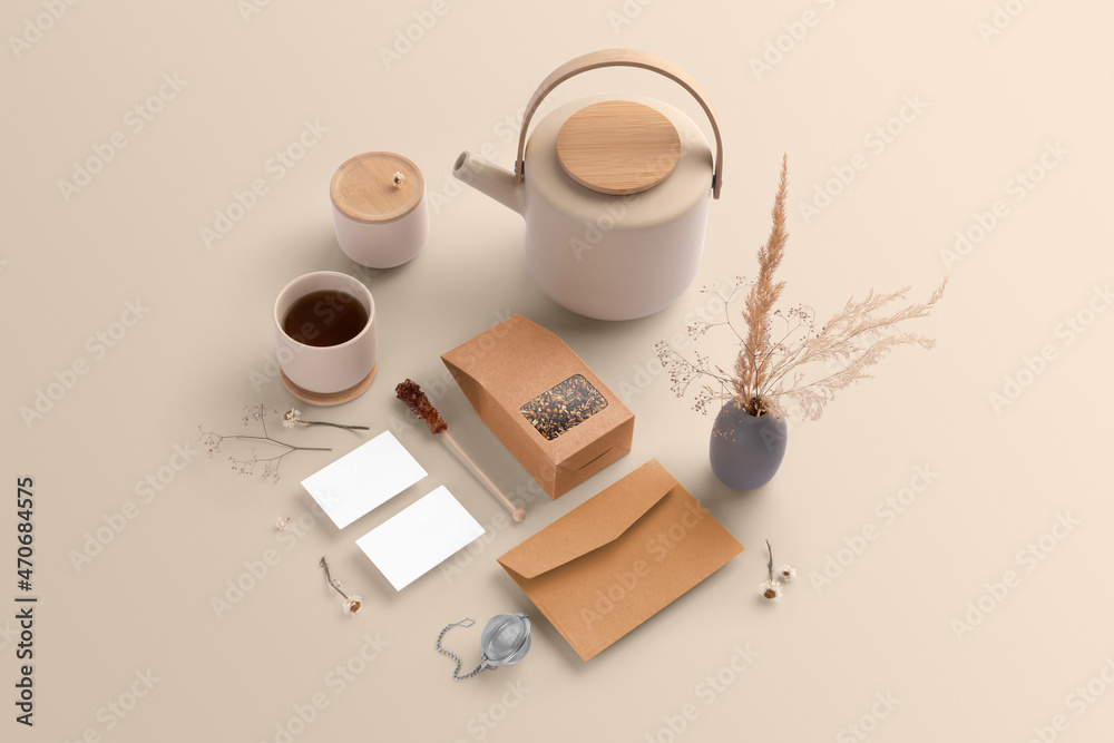 Blank tea packaging with a transparent window, pot, teacup, business ...