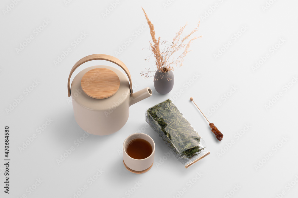 Transparent tea bag packaging with tea, teacup, dried plants, pot ...