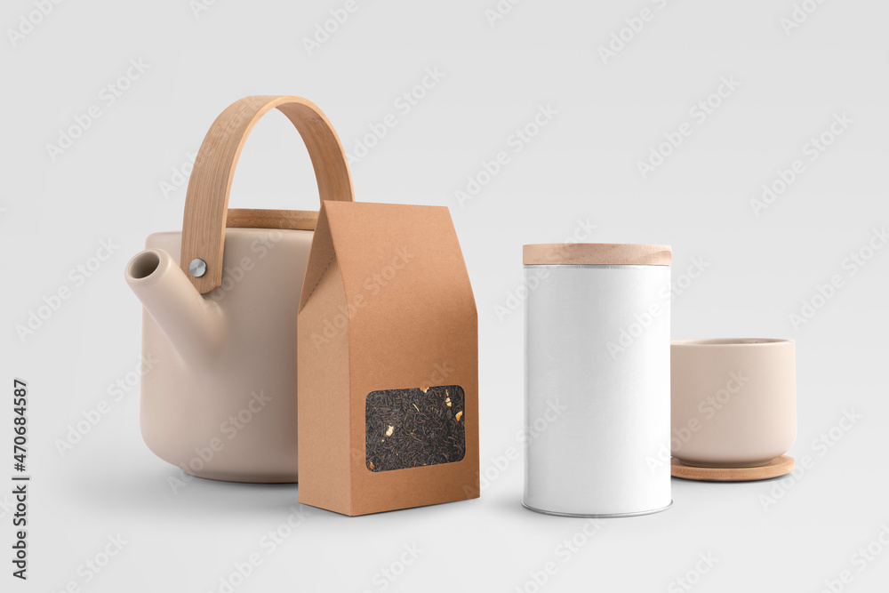 Blank tea packaging with a transparent window, pot, tea container ...
