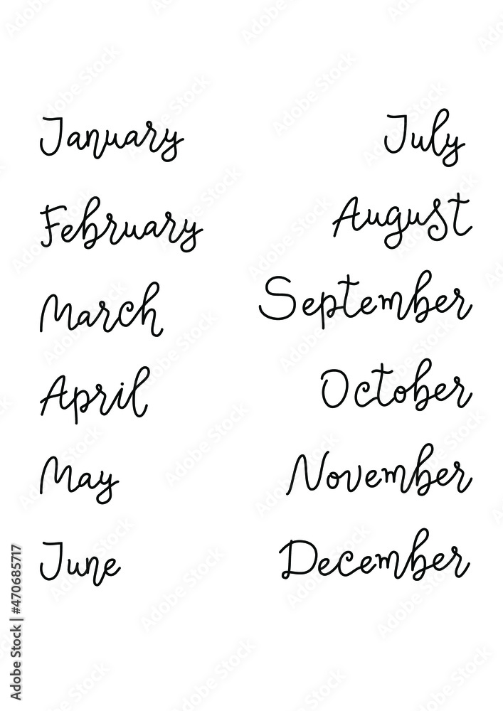 Handwritten decorative calligraphy lettering of months of the year in ...