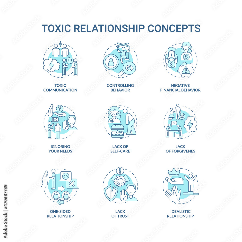 Relationship abuse concept icons set. Manipulative partner. Forgiveness ...