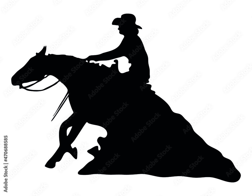 Black and white vector flat illustration: Sliding stop, reining western ...