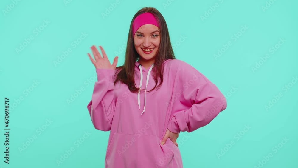 Come here, join us. Welcome. Teen girl smiling friendly showing ...
