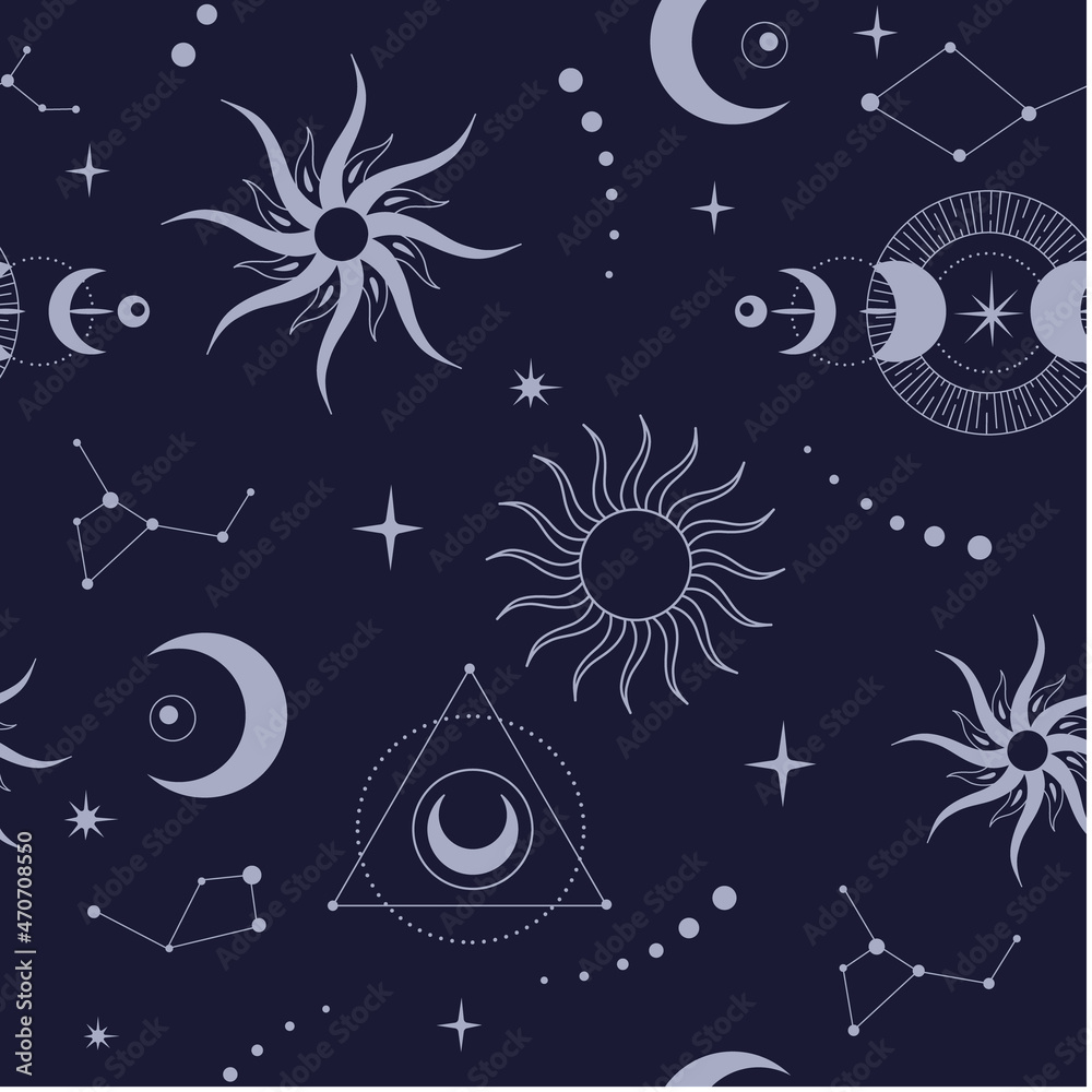 Vector seamless pattern with celestial mystic esoteric magic elements ...