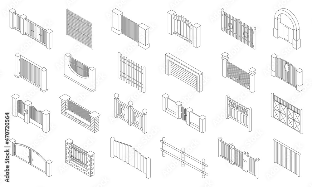 Fence gate vector isometric set icon. Isolated isometric set icon ...