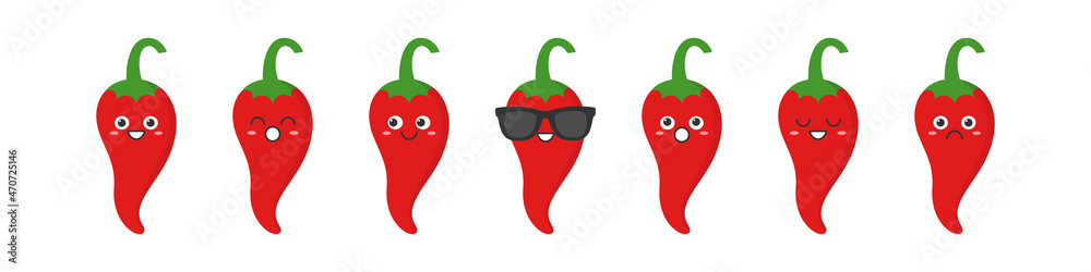 Set red spicy pepper chilli cute character cartoon face smiling happy ...