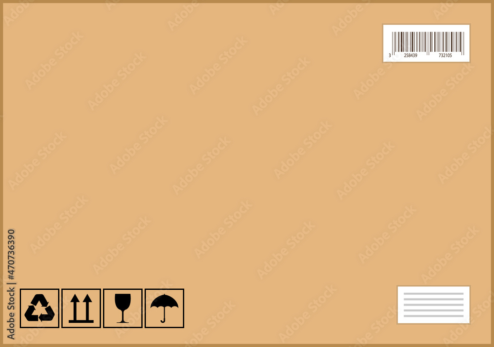 Cardboard box with symbols of care, glass, recycle, fragile and ...
