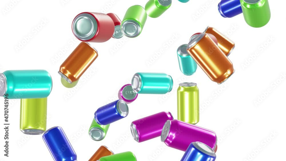 Realistic looping 3D animation of the colorful aluminum drink cans ...