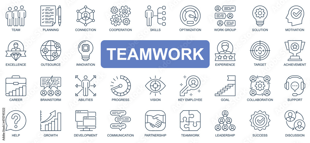 Teamwork concept simple line icons set. Bundle of team, planning ...
