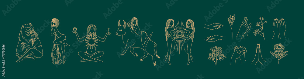 Collection of female silhouettes drawn by line. Astrological symbols ...