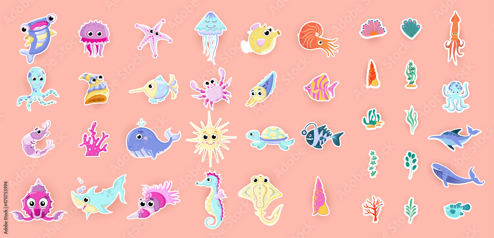 A set of cute marine and ocean underwater inhabitants isolated on a ...