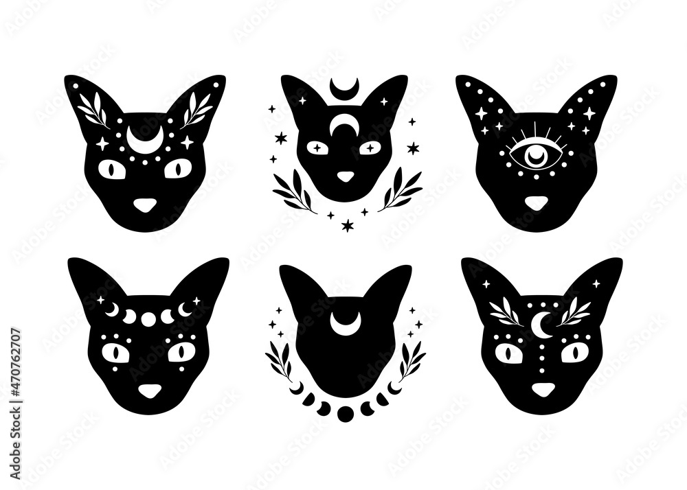 Celestial animal vector illustration set. Mystical black cat head ...
