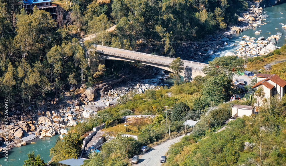 River Satluj with bridge in aerial view and Sarahan hill station at ...