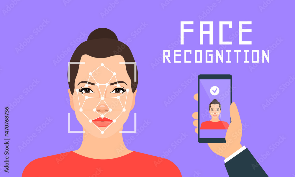 facial recognition hand with smarphone scanning woman face biometric ...