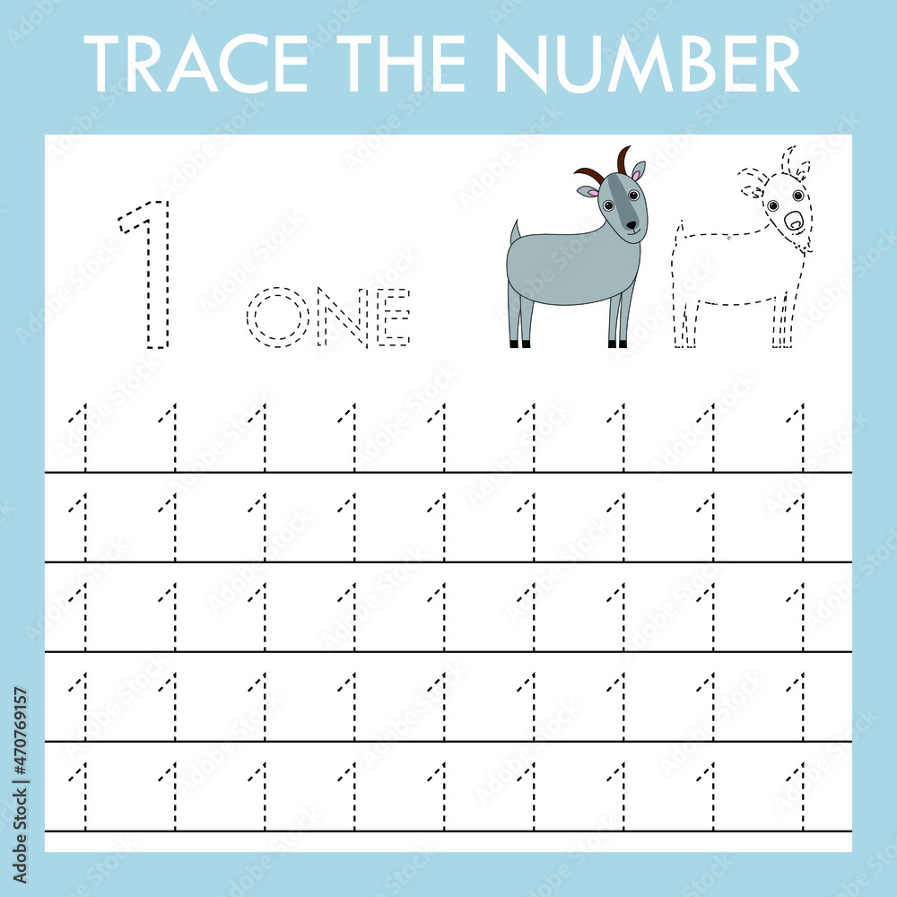 Number one stroke worksheet with pets goats for fine motor skills kids ...