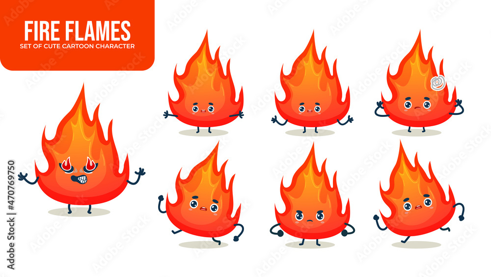 Set of cute fire flames cartoon character with different poses Premium ...