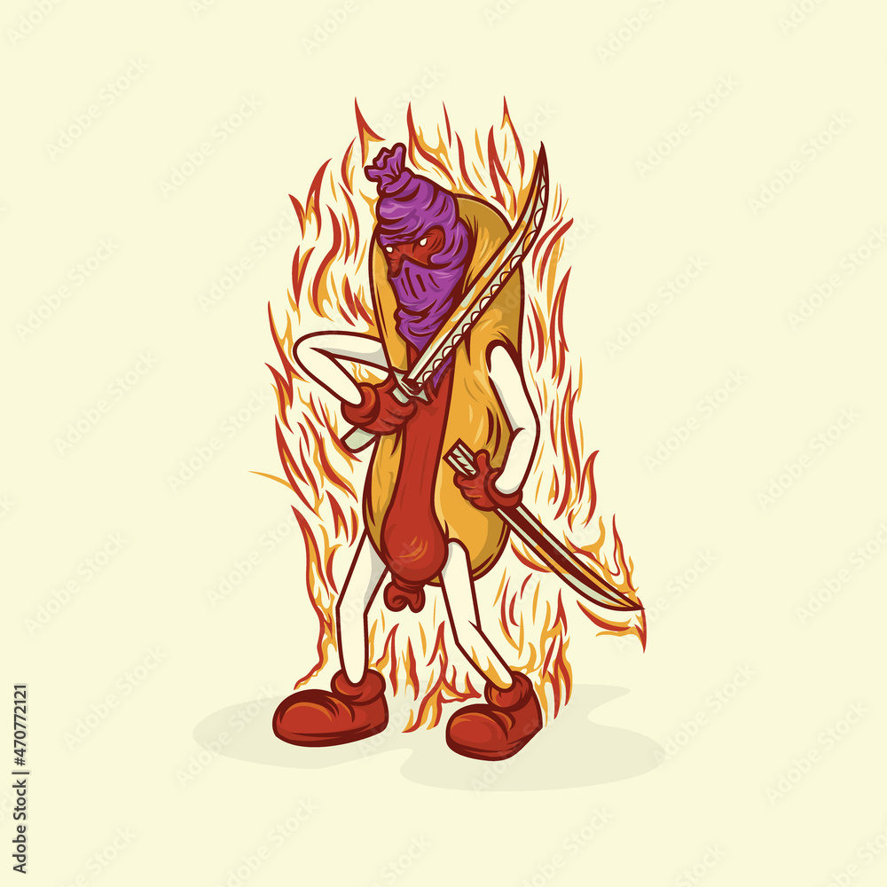 Illustration of hot dog character in ninja style smoldering with a ...