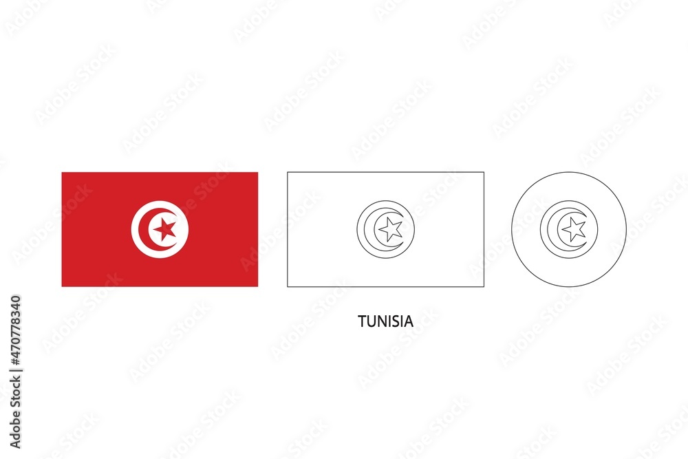 Tunisia flag 3 versions, Vector illustration, Thin black line of rectangle and the circle on ...