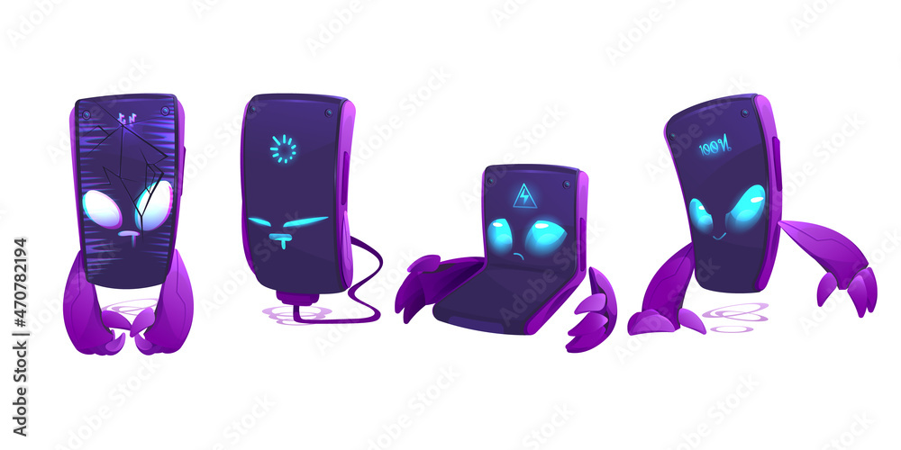 Cartoon mobile phone characters isolated set. Smartphone monster with ...