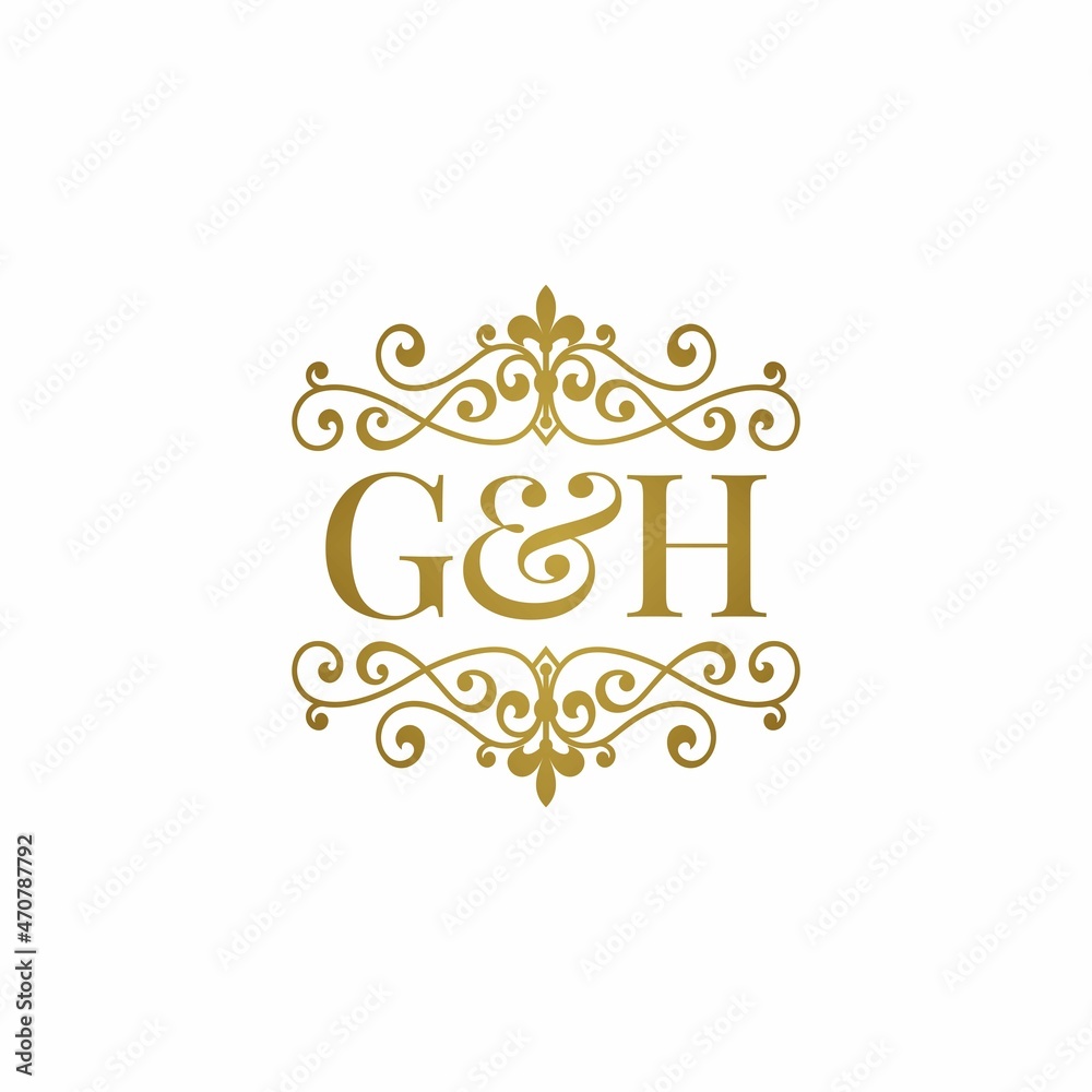 G&H initials logo ornament gold. Letter GH wedding ampersand or ...