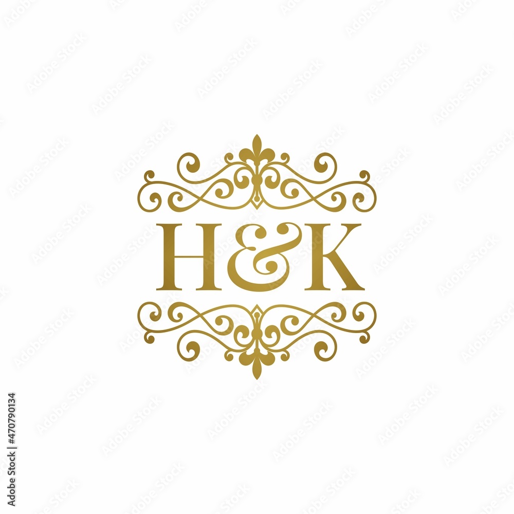 H&K initials logo ornament gold. Letter HK wedding ampersand or ...