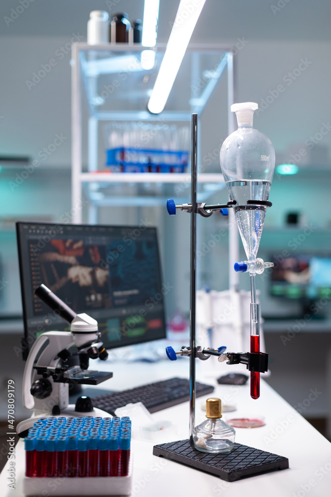 Science laboratory equipment and test tube with blood for healthcare ...