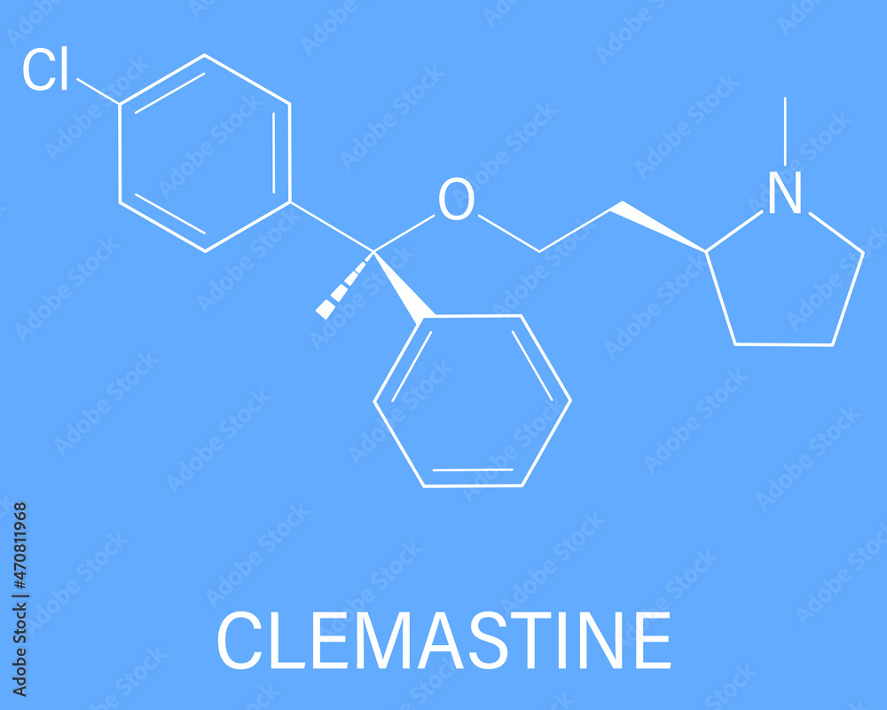 Clemastine (meclastine) antihistamine drug molecule. Used to treat ...